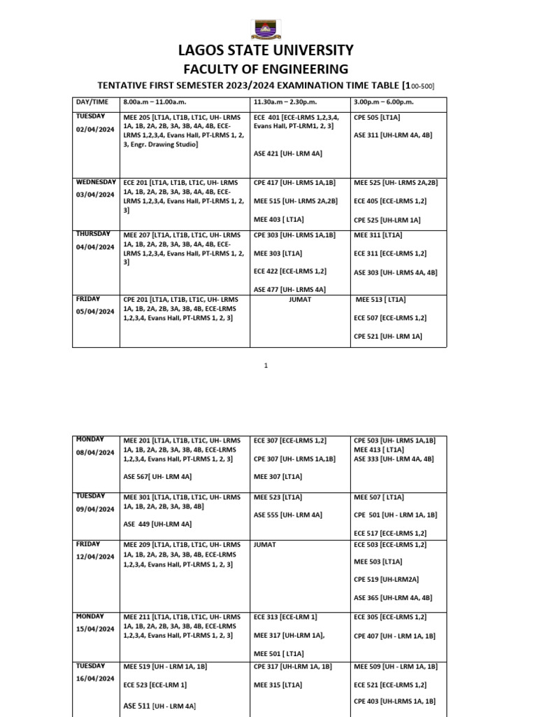 New Tentative Engineering Exam Timetable 20232024 First Semester 2nd Draft Pdf 