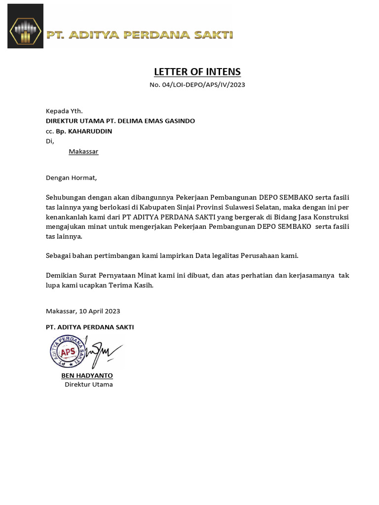 Letter of Intens Aps | PDF