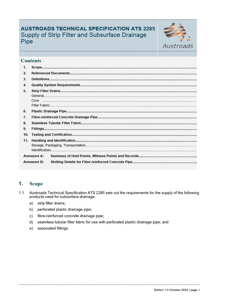 ATS 2285: Subsurface Drainage Specs | PDF | Drainage | Pipe (Fluid ...