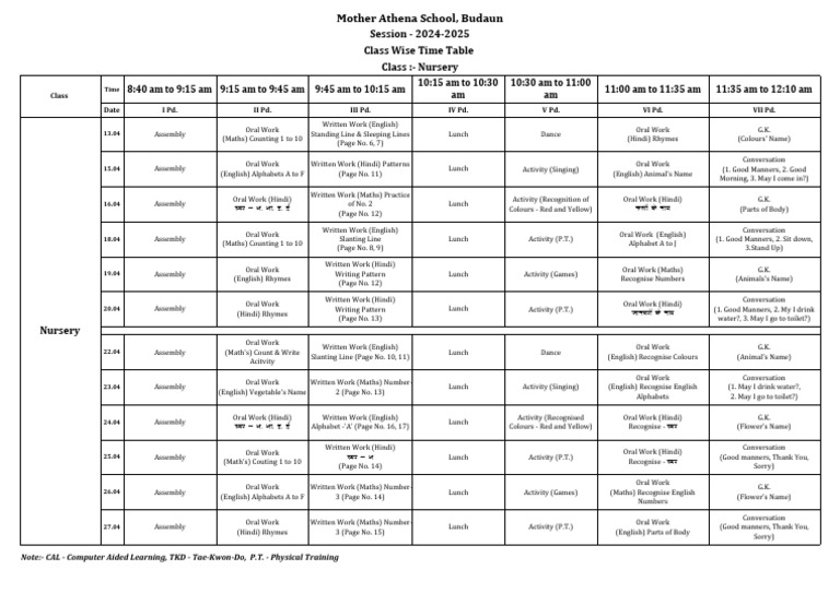 Nursery Class Timetable 2024-2025 | PDF