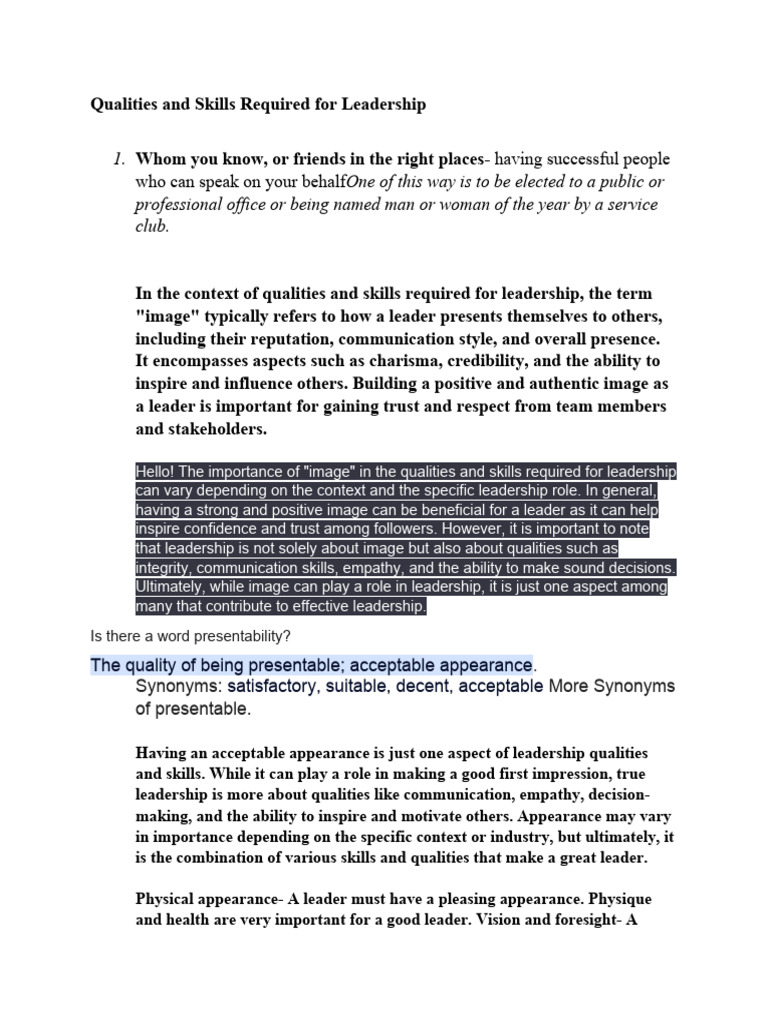 Qualities and Skills Required For Leadership | PDF | Leadership ...