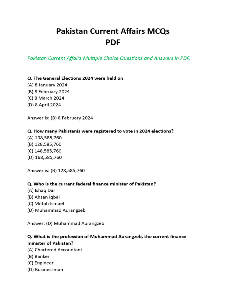Pakistan Current Affairs Mcqs 1 | PDF