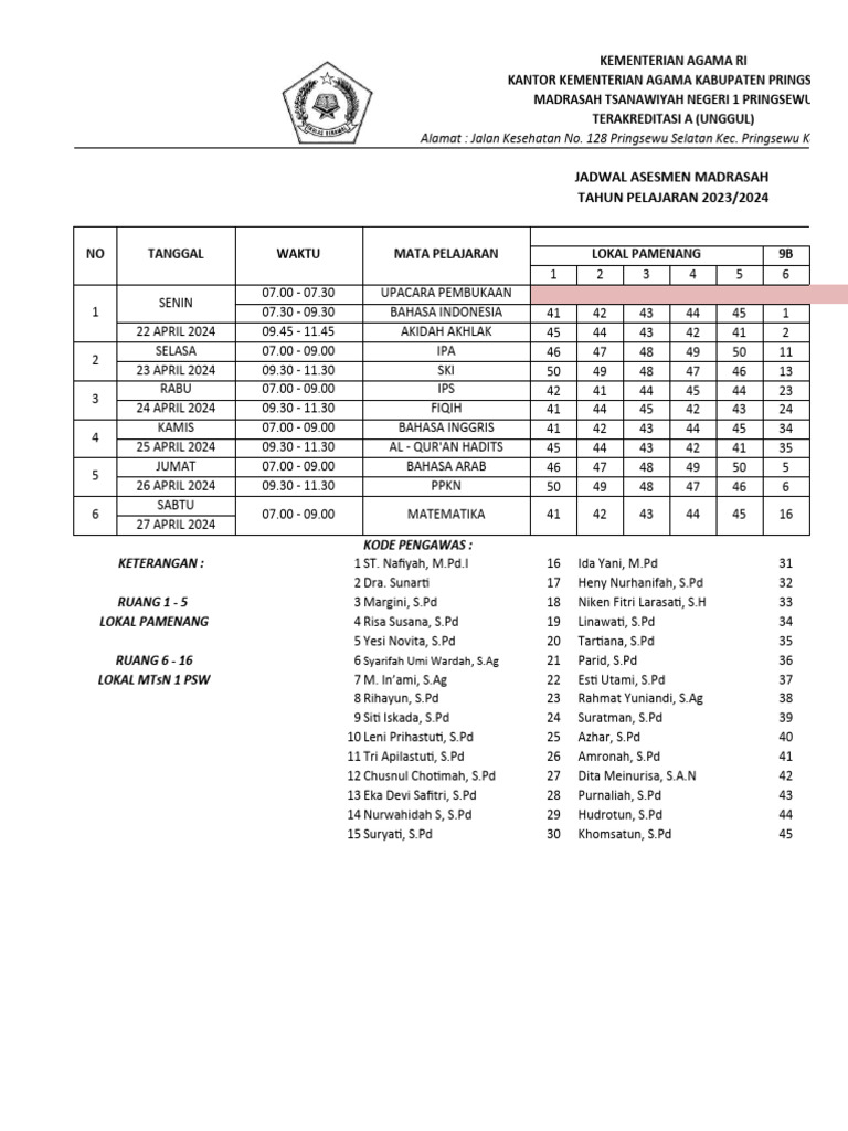 Jadwal Pengawas Am 2024 | PDF