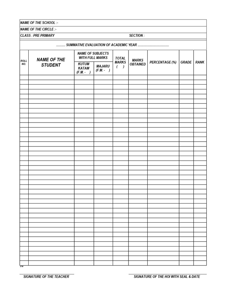 Summative Evaluation Tabulation Sheet Class PP To 5 V | PDF