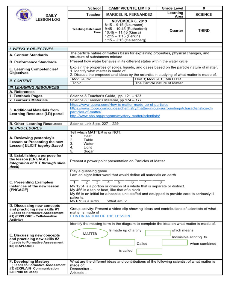 Science DLP 8 | PDF | Matter | Atoms