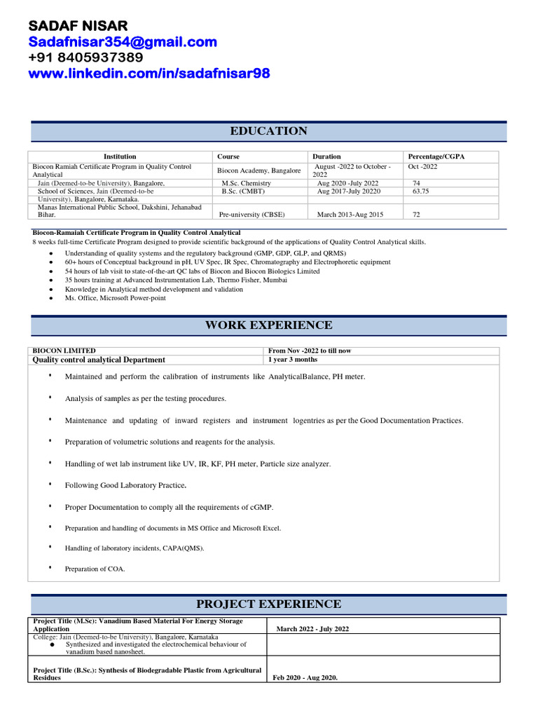 Sadaf Nisar's Educational and Career Overview | PDF | Laboratories ...