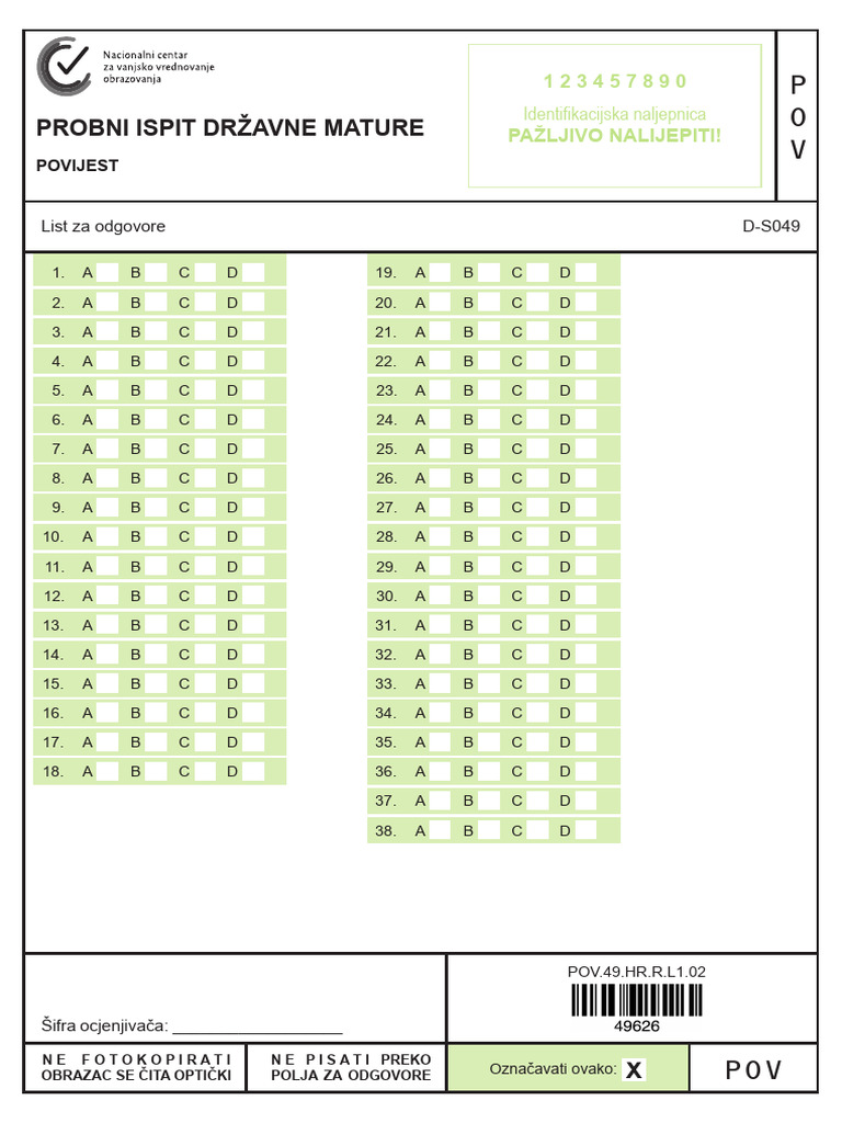 Probni Ispit Državne Mature: Identifikacijska Naljepnica | PDF