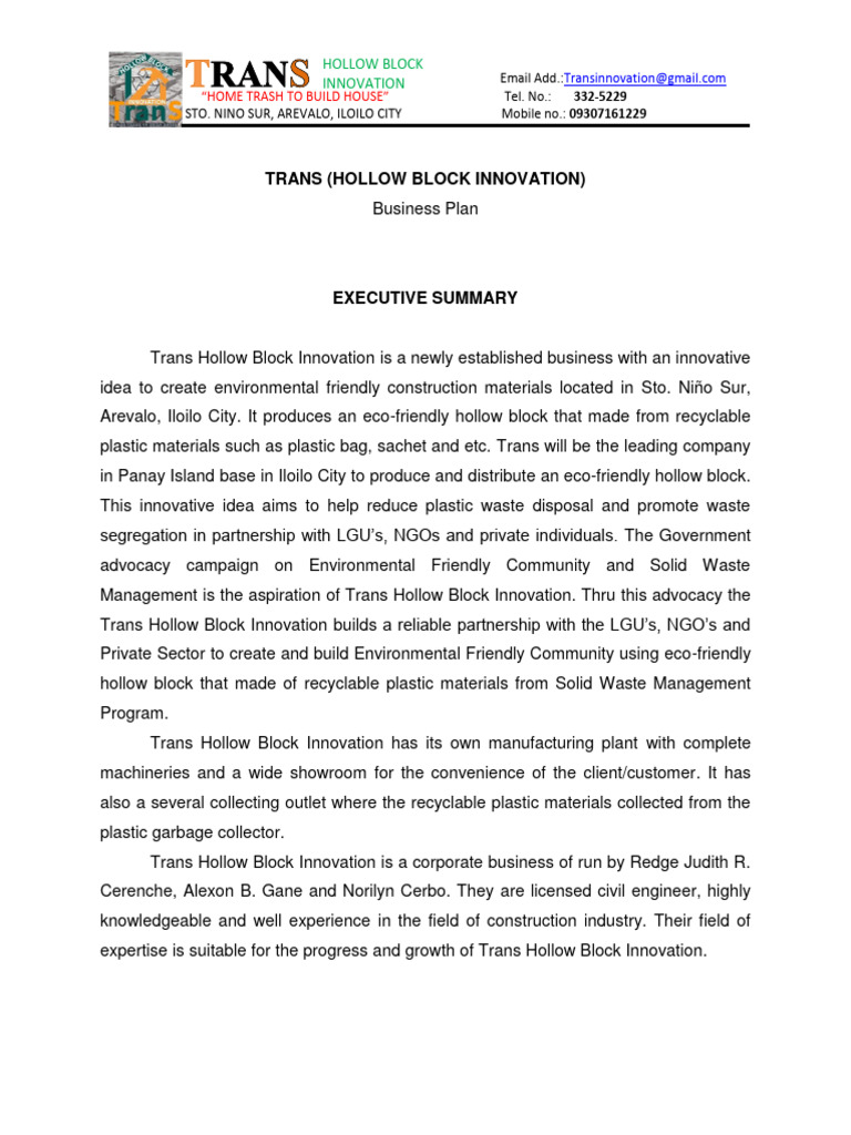 Businessplan (Trans Hallow Block Innovation) | PDF | Expense | Innovation