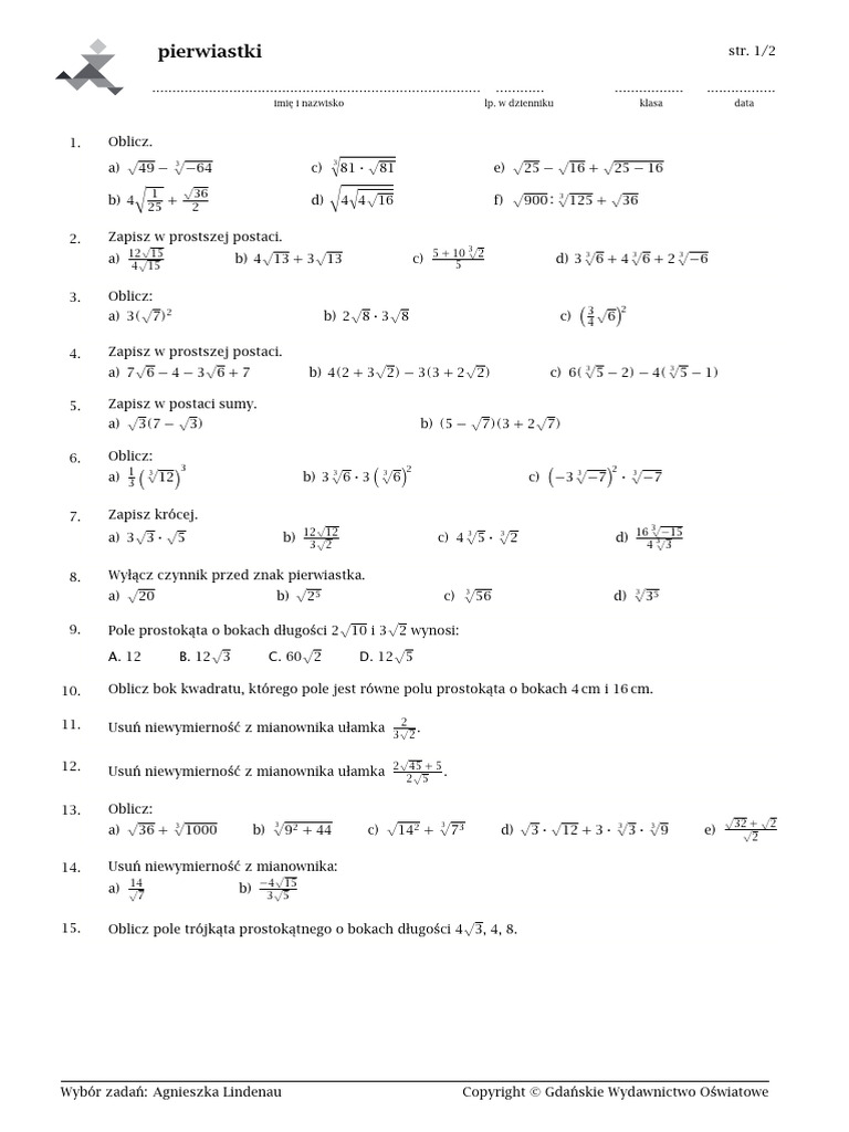 Pierwiastki-Zestaw Zadań | PDF