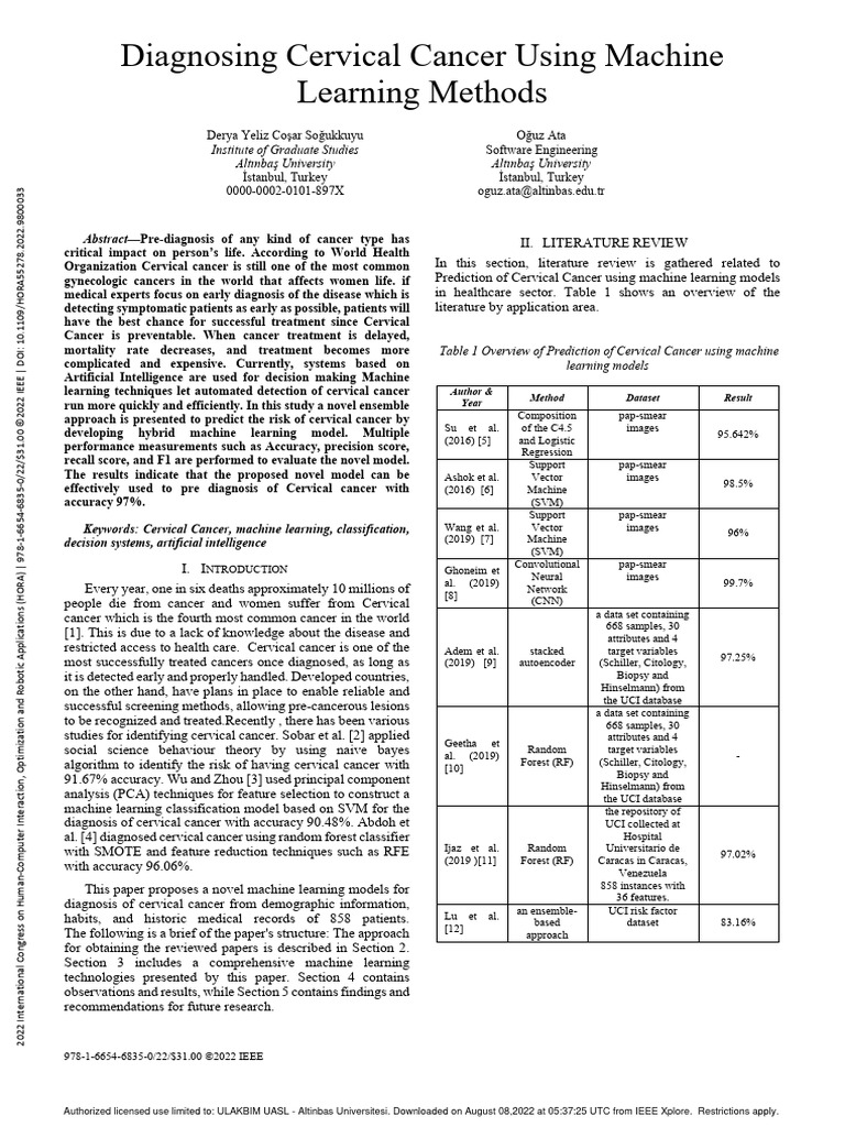 Diagnosing Cervical Cancer Using Machine Learning Methods | PDF ...