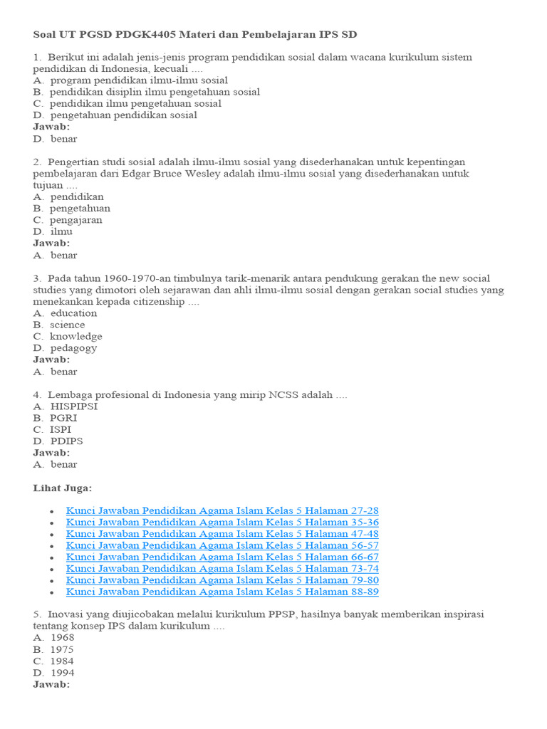 Soal UT PGSD PDGK4405 Materi Dan Pembelajaran IPS SD | PDF