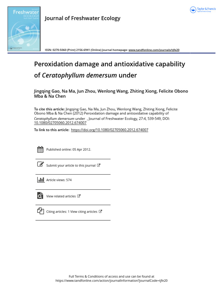 Peroxidation Damage and Antioxidative Capability of Ceratophyllum ...