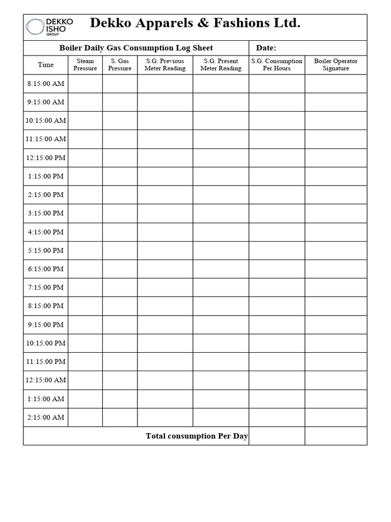 Boiler Daily Gas Consumption Log Sheet | PDF