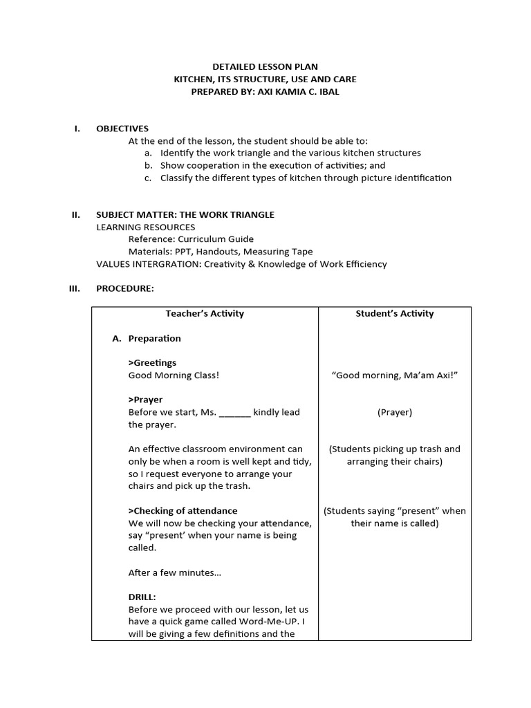 Detailed Lesson Plan | PDF | Kitchen | Lesson Plan
