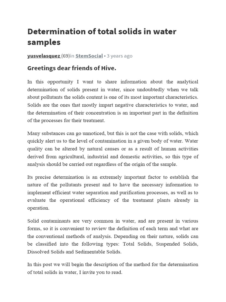 Determination of Total Solids in Water Samples | PDF | Water ...