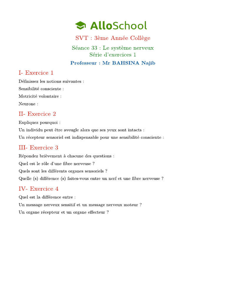 Seance 33 Le Systeme Nerveux Serie D Exercices 1 | PDF