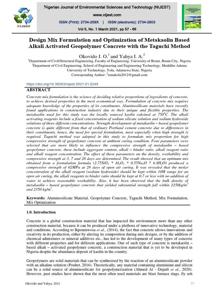 Design Mix Formulation and Optimization of Metakaolin Based | PDF | Concrete | Silicon Dioxide