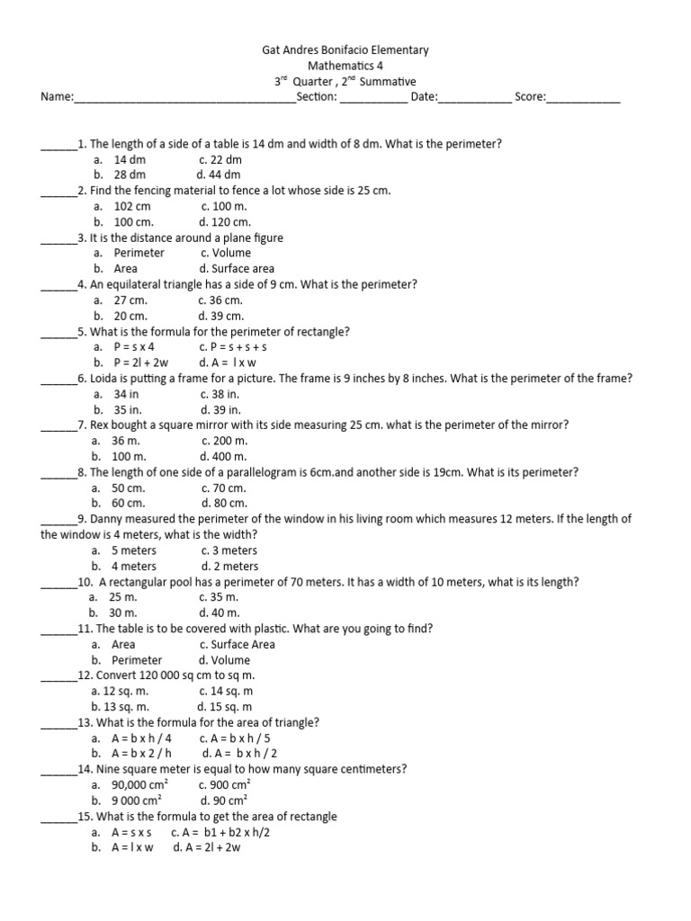 Math Q3 Sum 2 | PDF | Area | Metrology