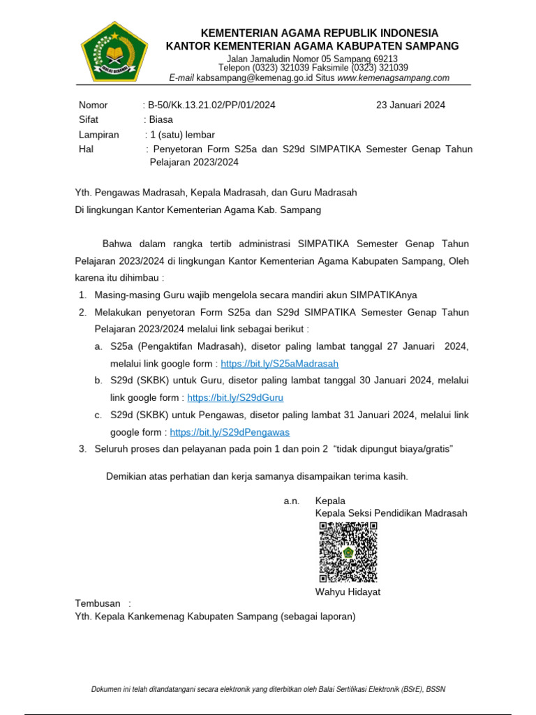 Surat Pendataan SKBK Semester Genap | PDF