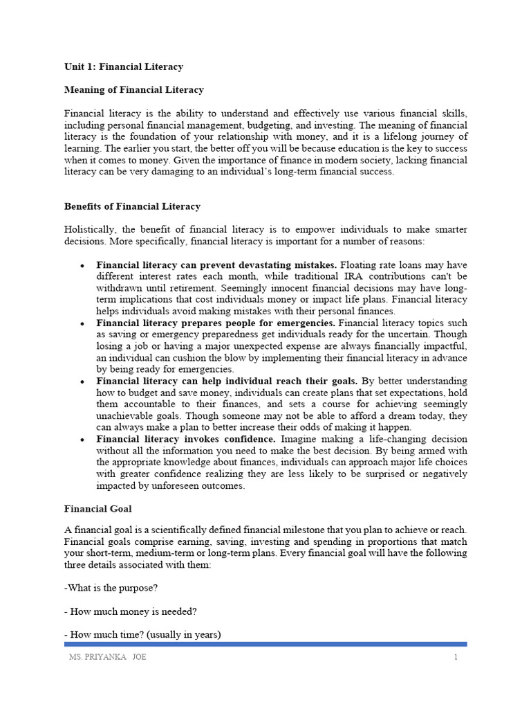 Financial Literacy Complete Notes | PDF | Securities (Finance ...