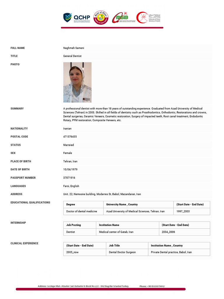Resume - Naghmeh Sameni | PDF | Dentistry | Prosthodontics