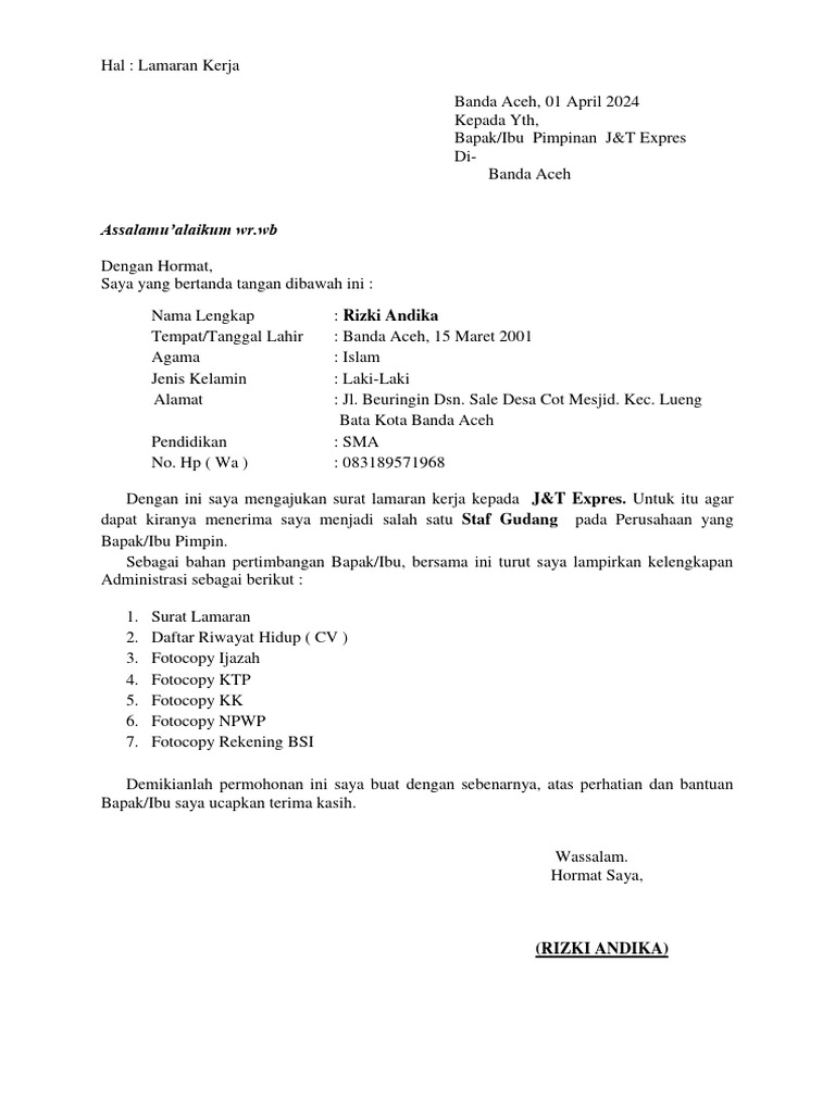 Lamaran Kerja Rizki Andika di J&T Expres | PDF