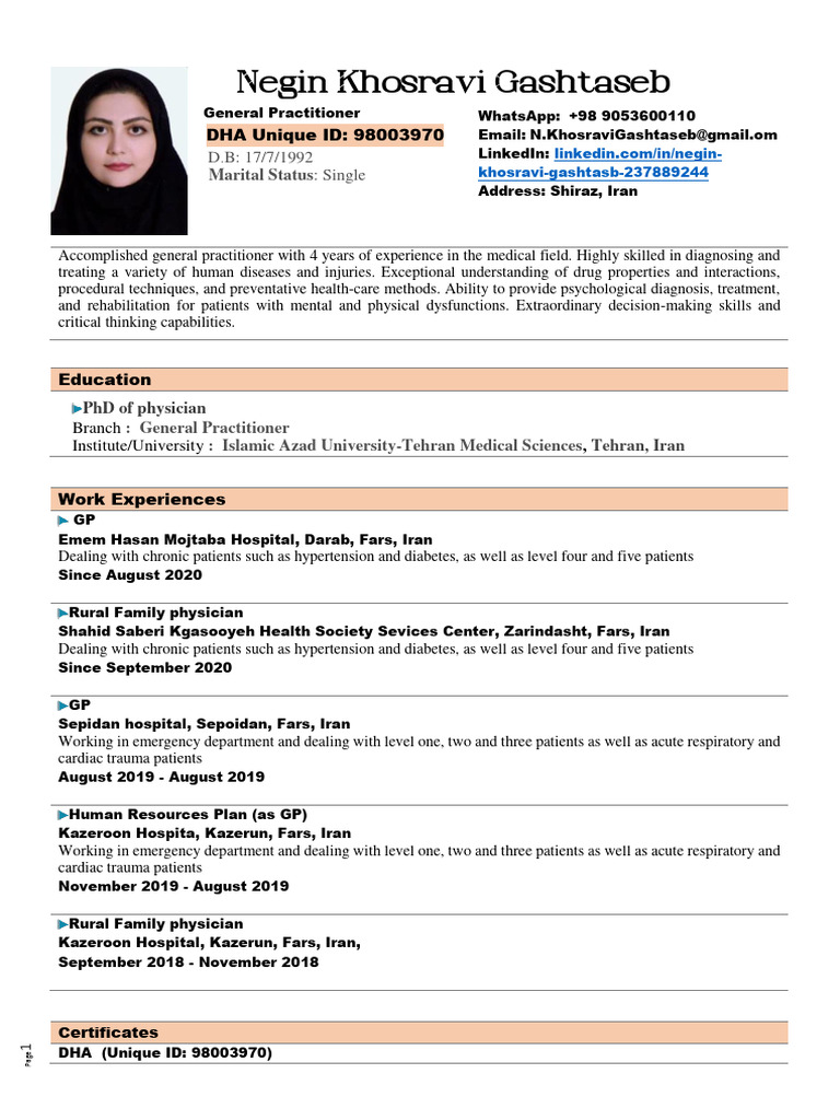 Negin Khosravi Gashtaseb: Marital Status: Single | PDF | General Practitioner | Physician