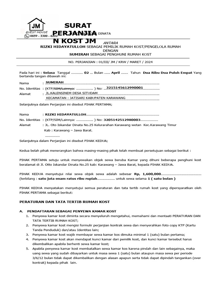 Surat Perjanjian Kost | PDF