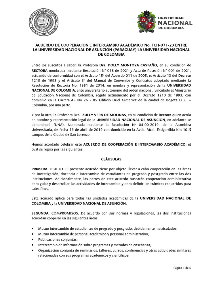 Colombia ACUERDO DE COOPERACI N ENTRE LA UNIVERSIDAD NACIONAL DE ASUNCI N Y LA UNIERSIDAD ...