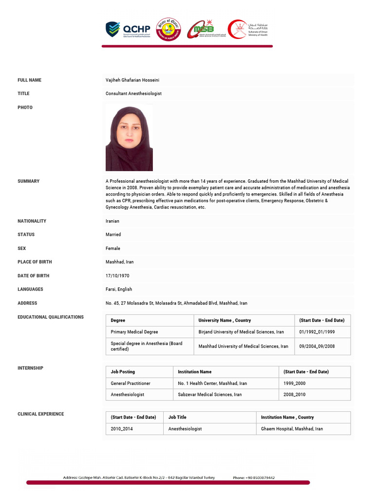Resume - Vajiheh Ghafarian Hosseini | Download Free PDF | Anesthesia | Surgery