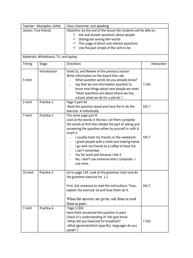 Intermediate Second 2 Lesson Plan | PDF | Question | Verb
