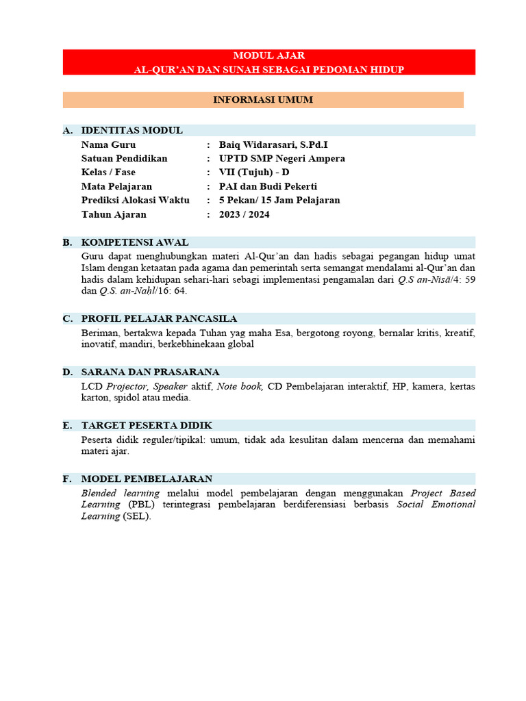 Modul Ajar Kelas 7 PAI - Bab 1 | PDF