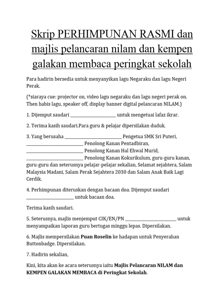 SKRIP PERHIMPUNAN RASMI - Majlis Pelancaran NILAM 2024 | PDF