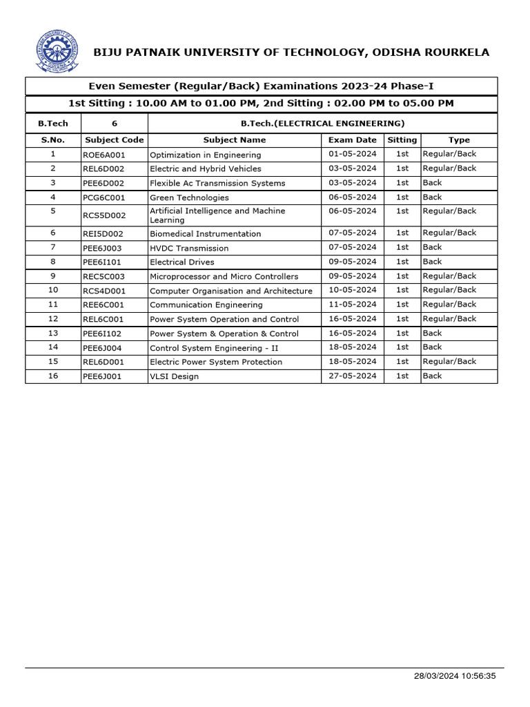6th Sem Time Table | PDF | Science & Mathematics | Technology & Engineering