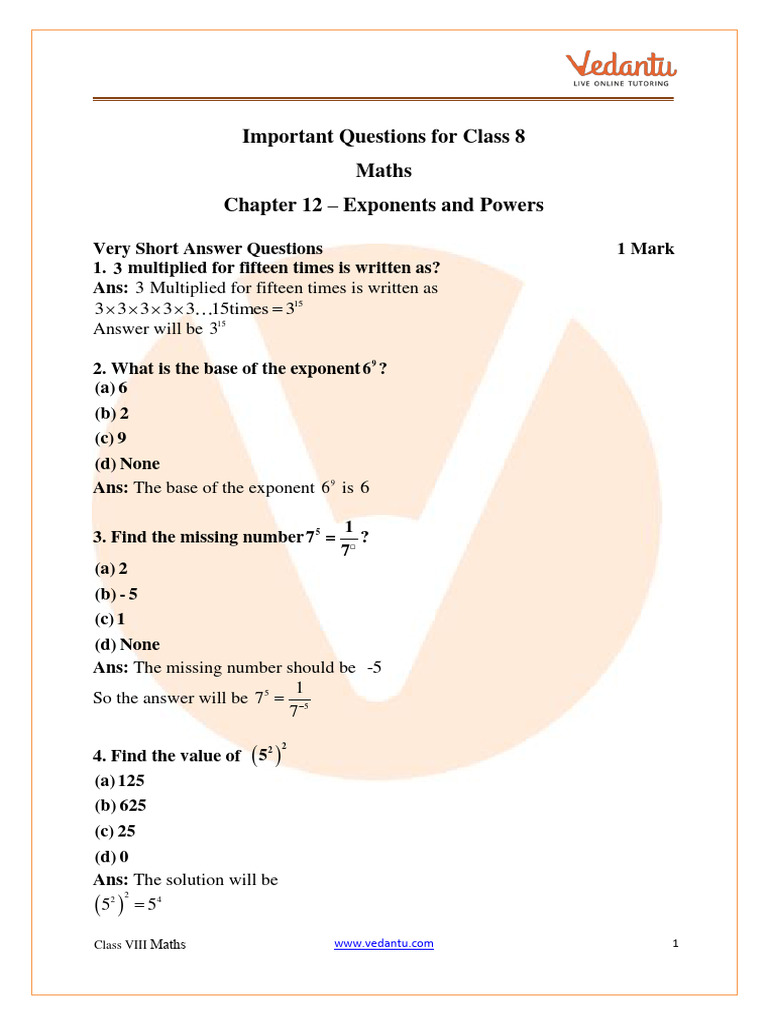 CBSE Class 8 Maths Chapter 12 - Exponents and Powers Important Questions | Download Free PDF ...