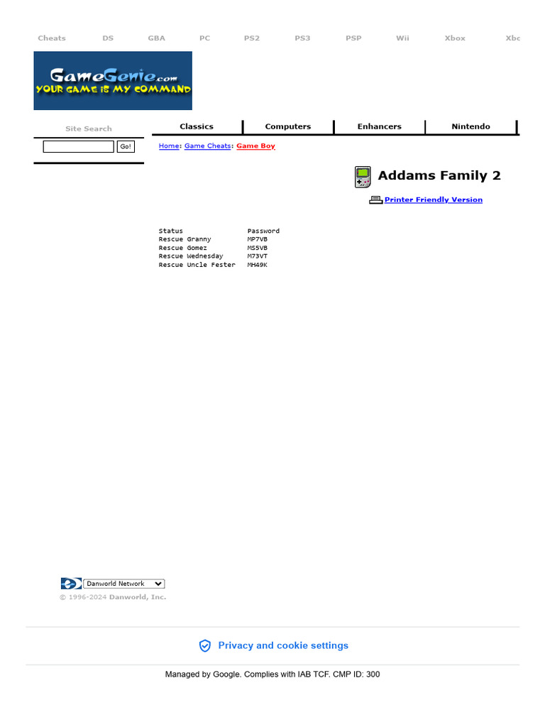 Game Boy Cheats - Addams Family 2 | PDF