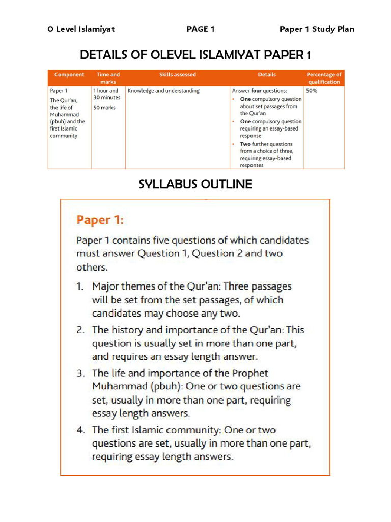Study Plan For Islamiyat P1 | PDF | Quran | Islam