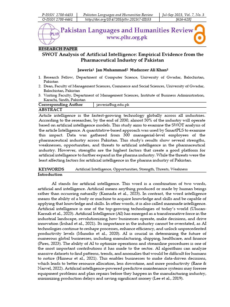 SWOT Analysis of Artificial Intelligence Empirical Evidence from the ... SWOT Analysis of Artificial Intelligence Empirical Evidence from the ...