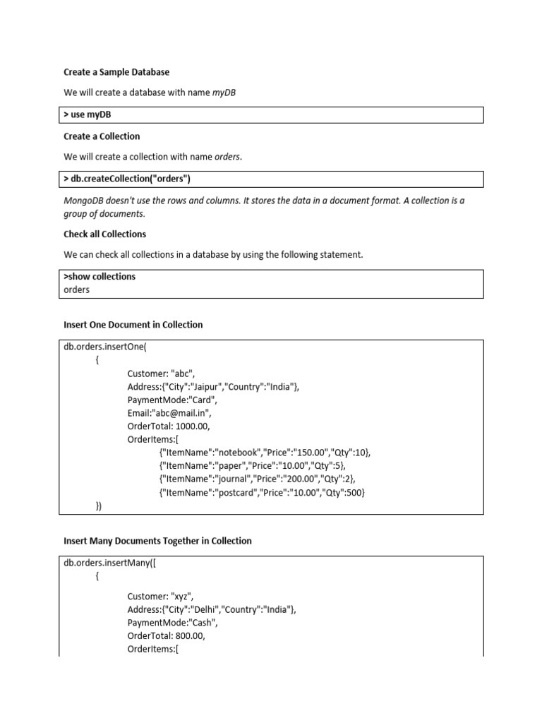 Mongodb Practice Commands Pdf Mongo Db Databases 