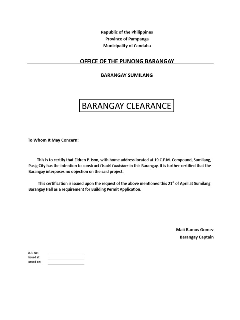 Barangay Clearance Sample | PDF