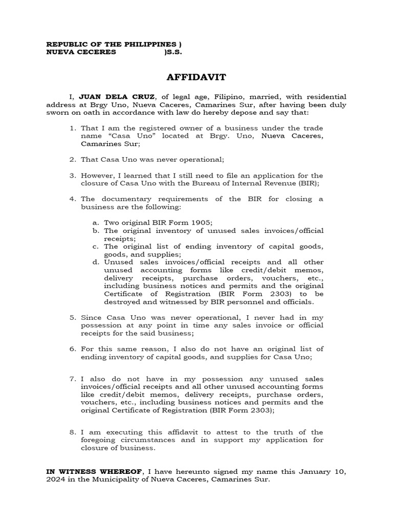 Affidavit of No Business Operation | PDF | Affidavit