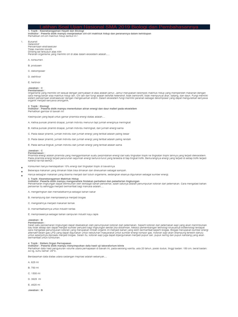 Latihan Soal Ujian Nasional SMA 2019 Biologi Dan Pembahasannya | PDF