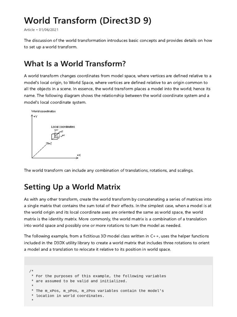 World Transform (Direct3D 9) - Win32 Apps - Microsoft Learn | PDF | Matrix (Mathematics ...