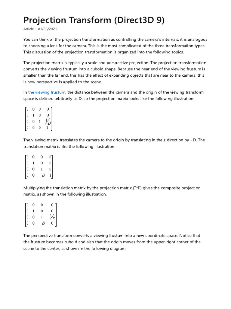 Projection Transform (Direct3D 9) - Win32 Apps - Microsoft Learn | PDF | Matrix (Mathematics ...