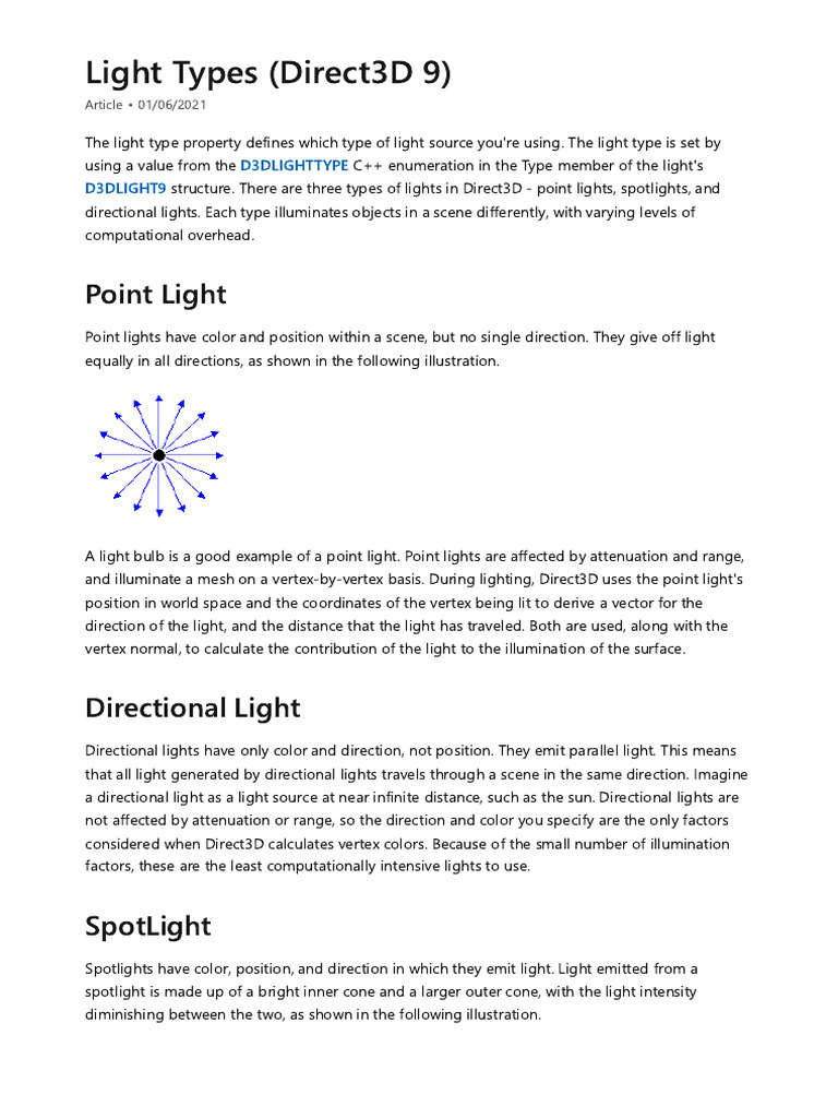 Light Types (Direct3D 9) - Win32 Apps - Microsoft Learn | PDF | Angle | Light