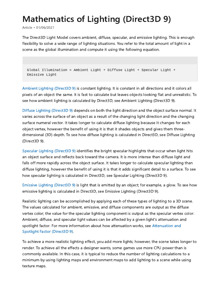 Mathematics of Lighting (Direct3D 9) - Win32 Apps - Microsoft Learn | PDF | Optics ...