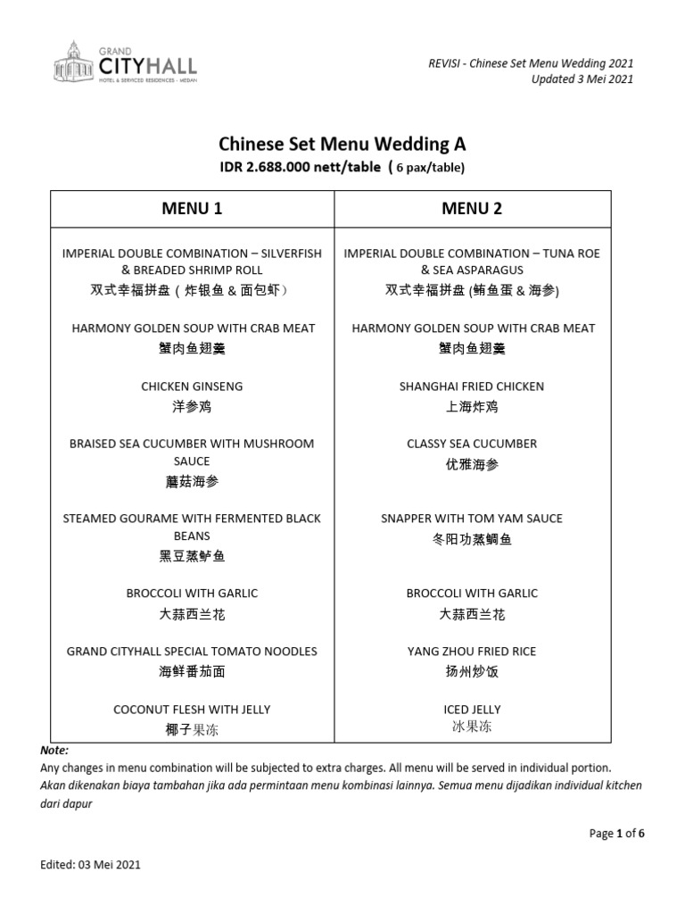Chinese Wedding Menu 2021 | PDF | Chinese Cuisine | Thai Cuisine