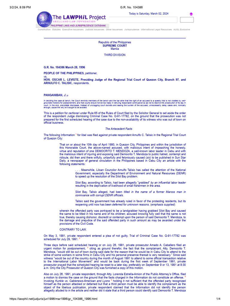 (People V Leviste) G.R. No. 104386 | PDF | Continuance | Double Jeopardy