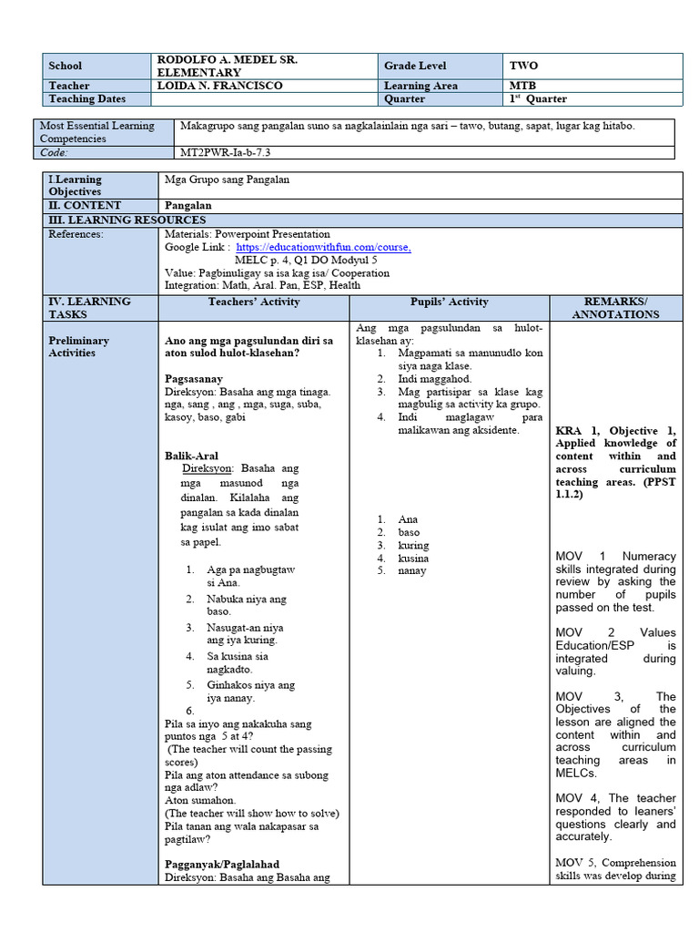 Cot Lesson Plan MTB 1ST Quarter Portrait | PDF