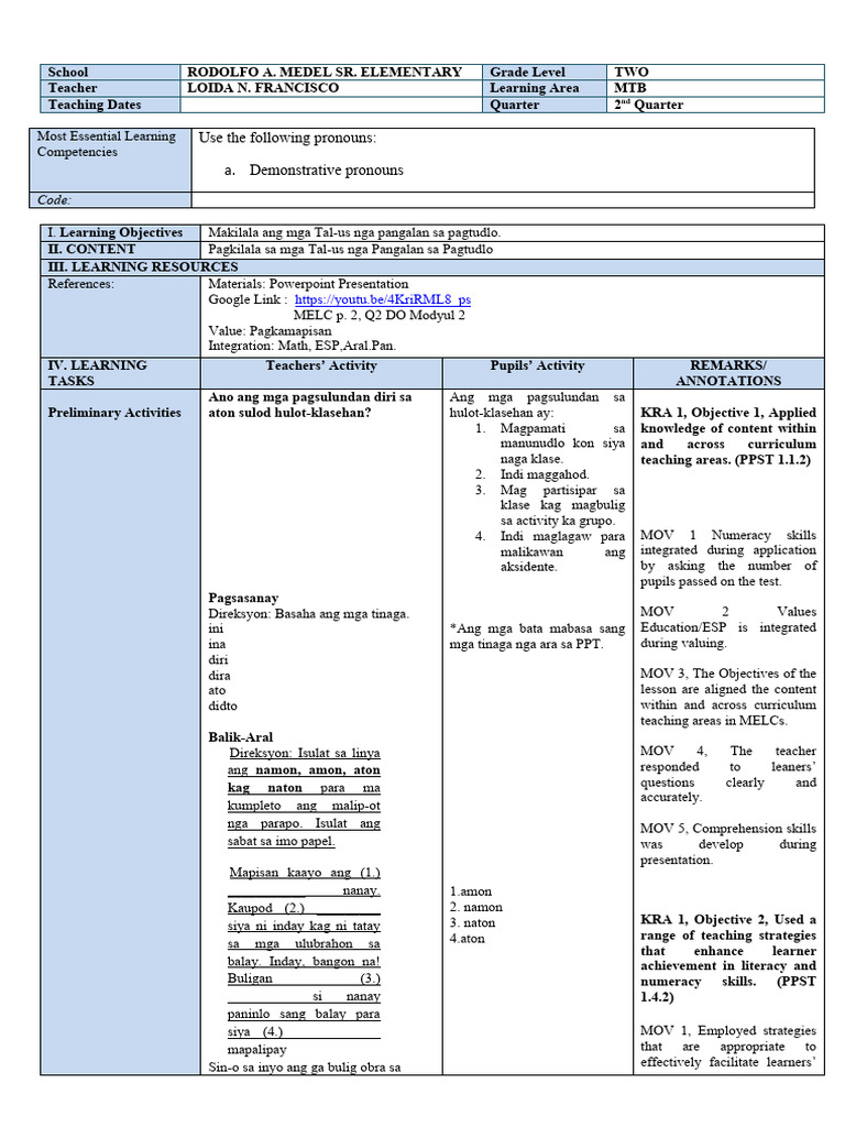 COT LESSON PLAN MTB 2nd Quarter PORTRAIT | PDF
